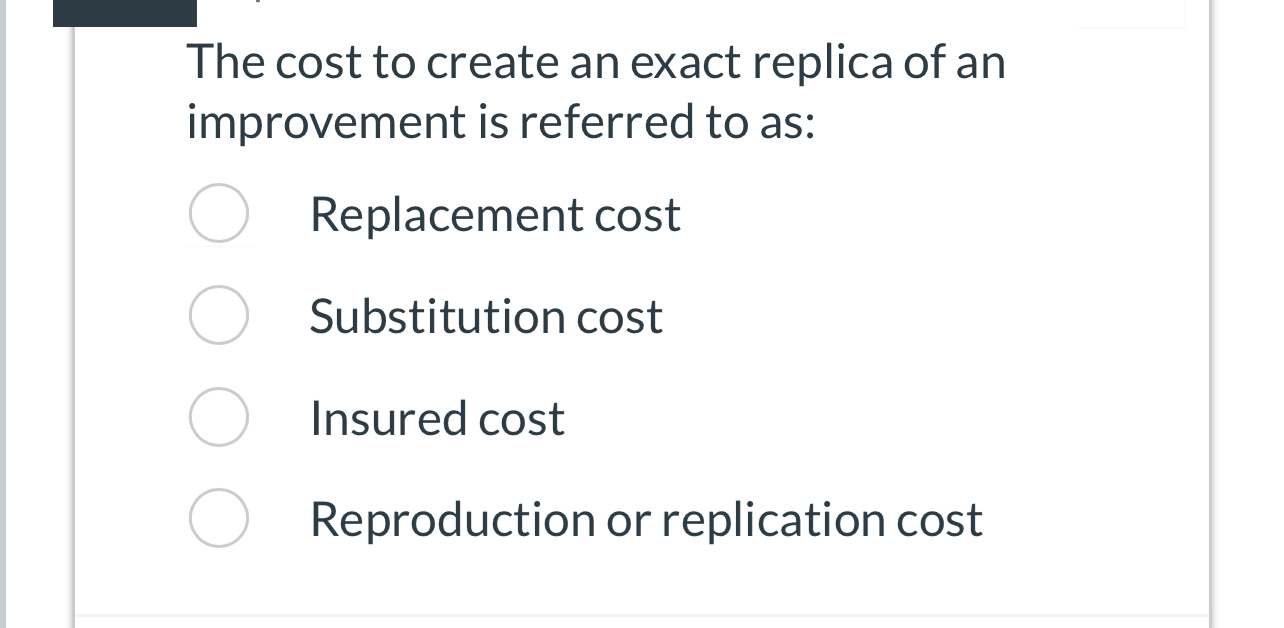 Solved The cost to create an exact replica of an improvement | Chegg.com