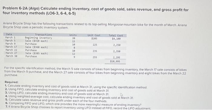 Solved Problem 6-2A (Algo) Calculate ending inventory, cost | Chegg.com