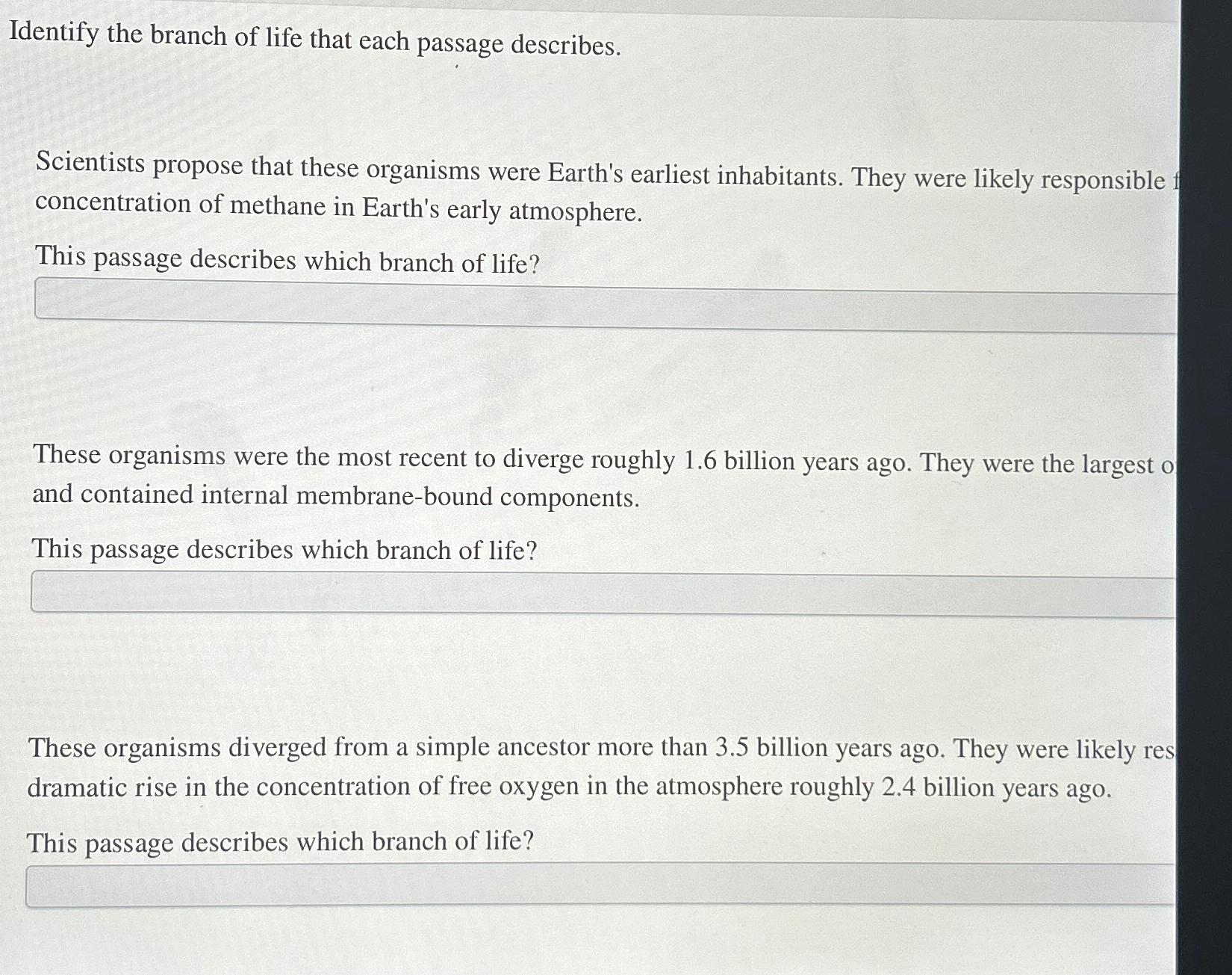 Solved Identify the branch of life that each passage | Chegg.com