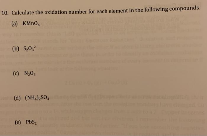 Solved 10. Calculate the oxidation number for each element | Chegg.com