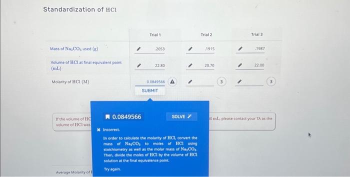 Solved Standardization of HCl If the volume of HC volume of | Chegg.com