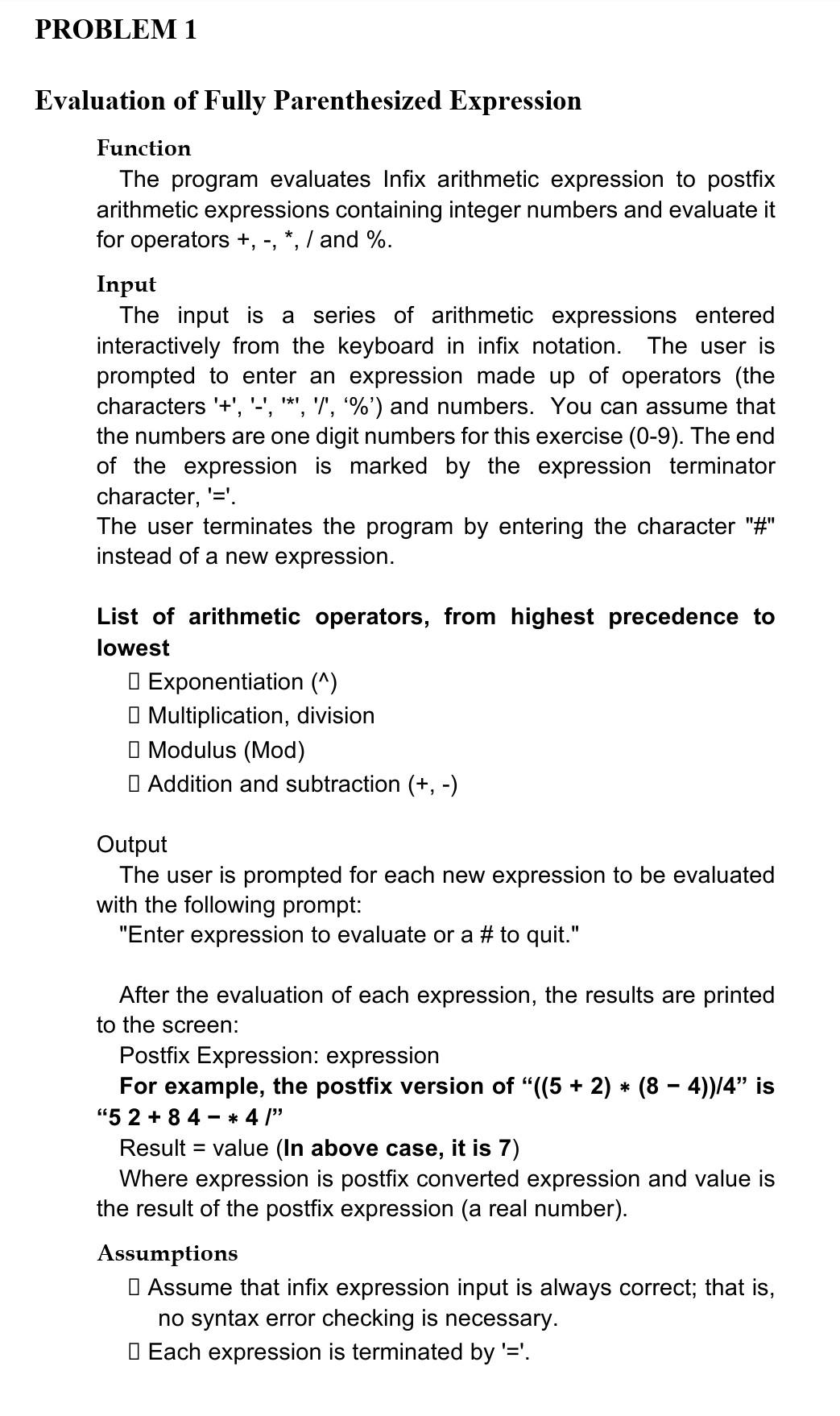Solved PROBLEM 1 Evaluation of Fully Parenthesized | Chegg.com