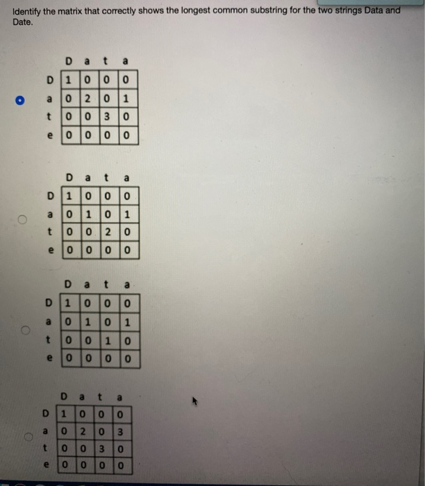 Identify The Matrix That Correctly Shows The Longest Common Substring For The Two Strings Data
