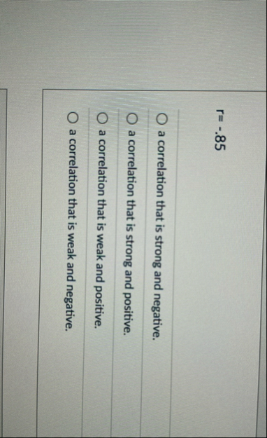 Solved r=-.85a correlation that is strong and negative.a | Chegg.com