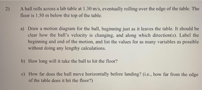 Solved 2) A ball rolls across a lab table at 1.30 m/s, | Chegg.com