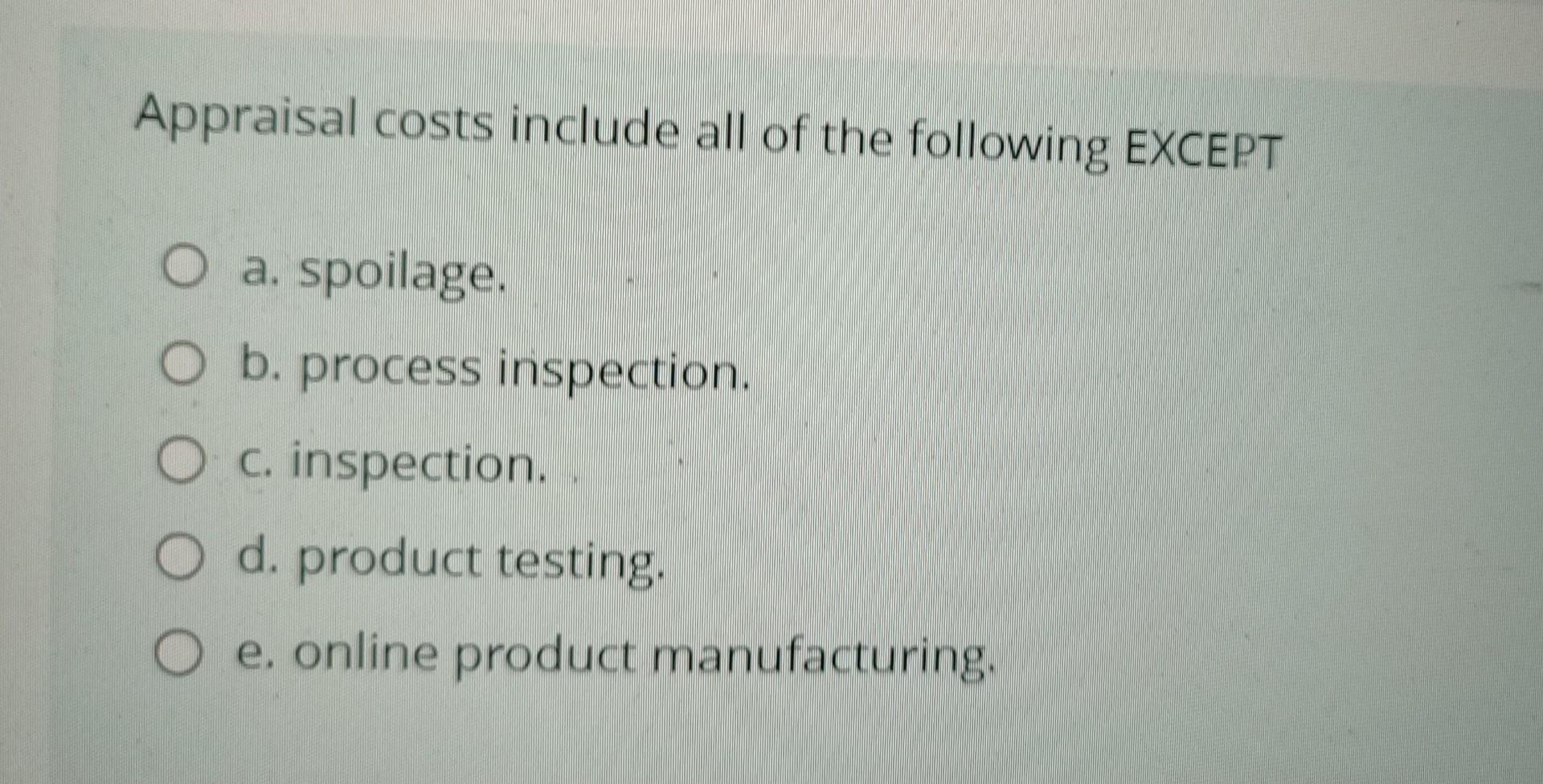 Solved Appraisal costs include all of the following EXCEPT | Chegg.com