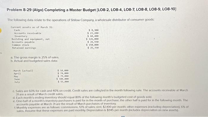 Problem 8-29 (Algo) Completing a Master Budget | Chegg.com