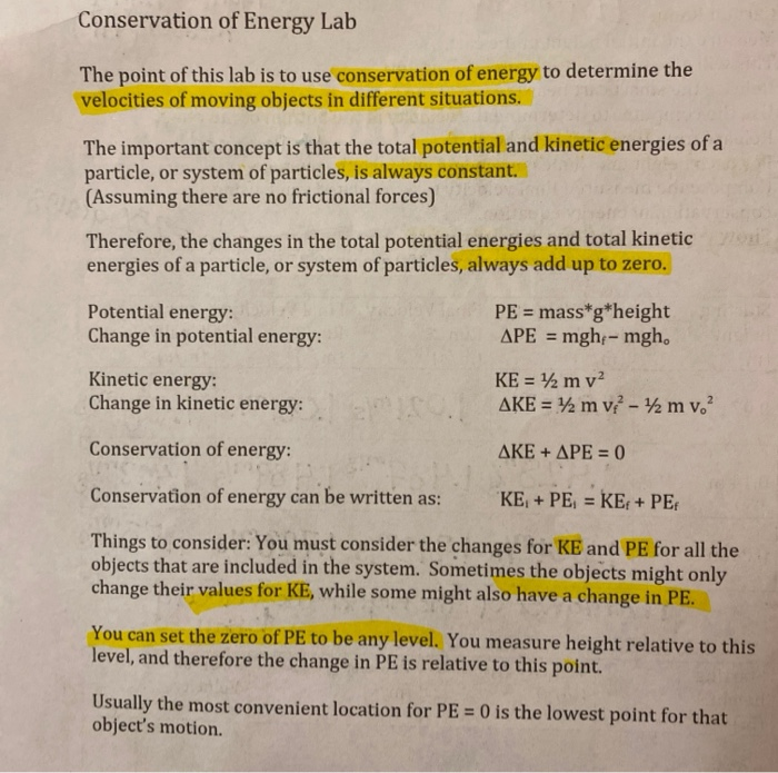 Solved Conservation of Energy Lab The point of this lab is | Chegg.com