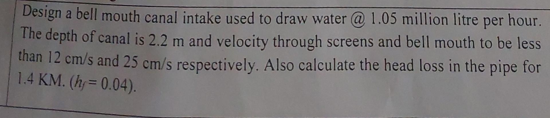 Solved Design a bell mouth canal intake used to draw | Chegg.com