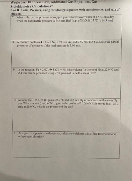 Solved Worksheet 10.1"Gas Law, Additional Gas Equations, Gas | Chegg.com