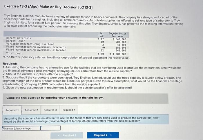 Solved Exercise 13-3 (Algo) Make or Buy Decision [LO13-3] | Chegg.com