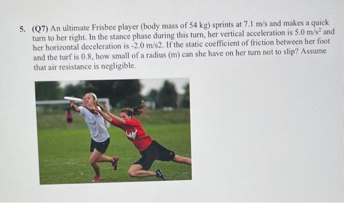 Solved 5. (Q7) An ultimate Frisbee player (body mass of 54 | Chegg.com