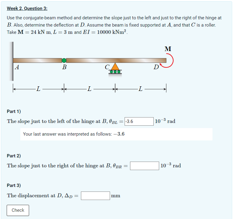 Solved Week 2, ﻿Question 3:Use the conjugate-beam method and | Chegg.com