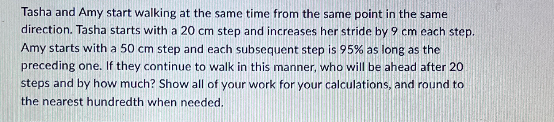 Solved Tasha and Amy start walking at the same time from the | Chegg.com