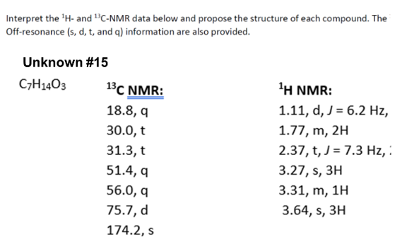 Solved Interpret the ?1H - ﻿and ?13C-NMR data below and | Chegg.com