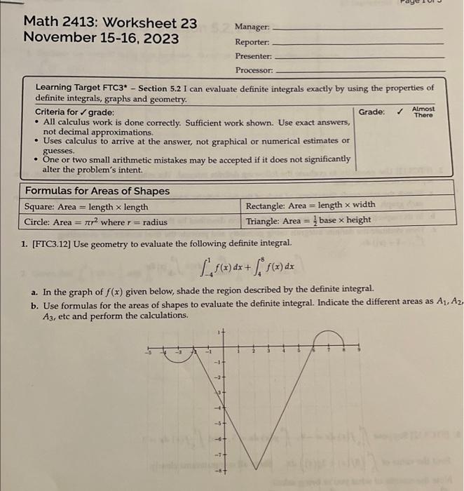Solved Math 2413: Worksheet 23 November 15-16, 2023 Learning | Chegg.com