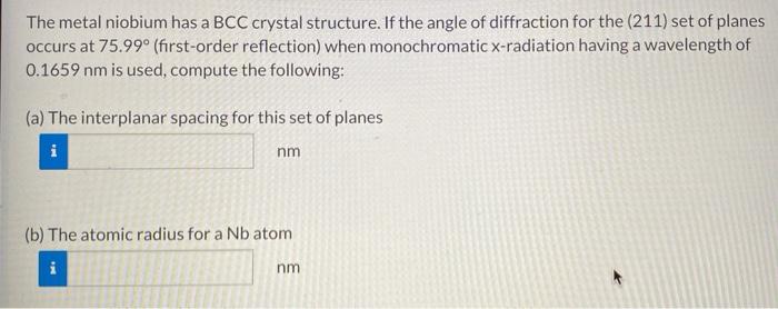Solved The metal niobium has a BCC crystal structure. If the | Chegg.com
