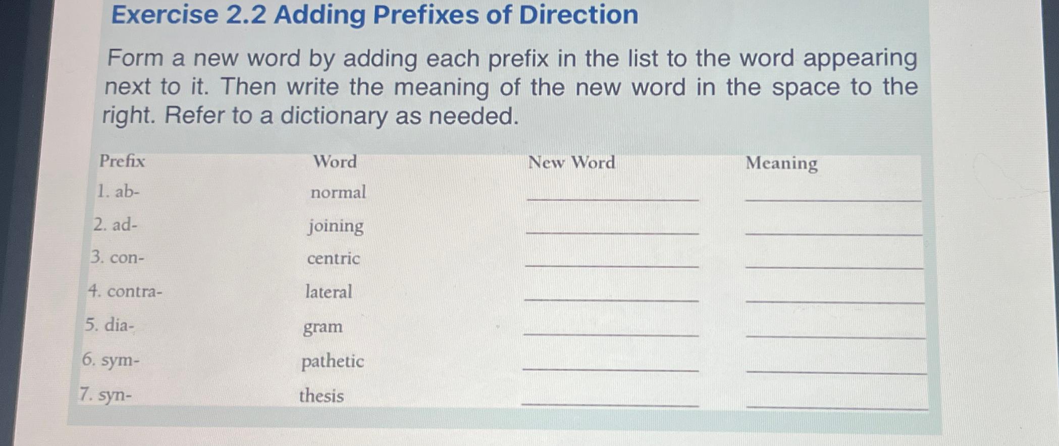 Solved Exercise 2.2 ﻿Adding Prefixes of DirectionForm a new | Chegg.com