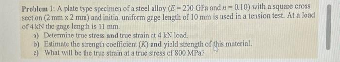Solved Problem 1: A plate type specimen of a steel alloy | Chegg.com