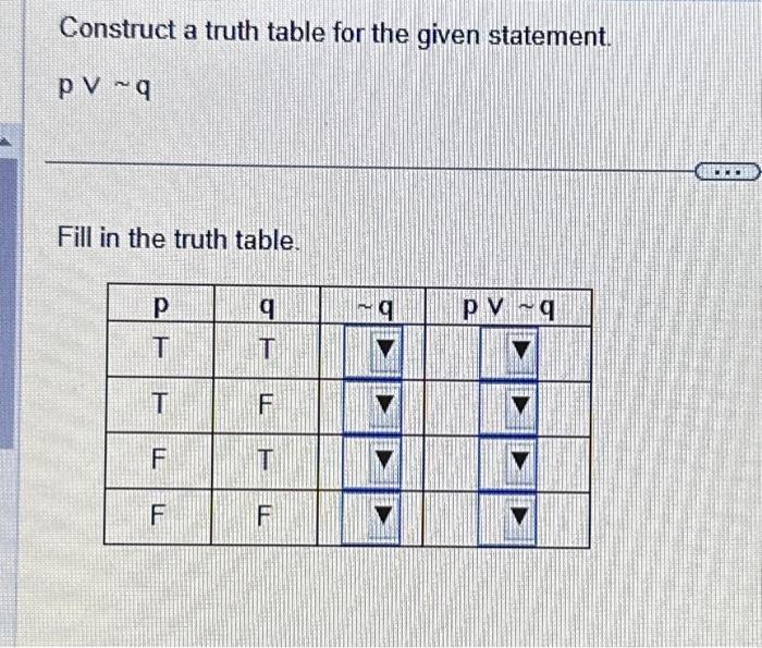 Solved Construct A Truth Table For The Given Statement Pv Q
