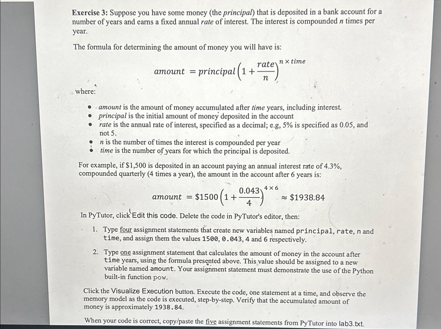 Solved Exercise 3: Suppose you have some money (the | Chegg.com