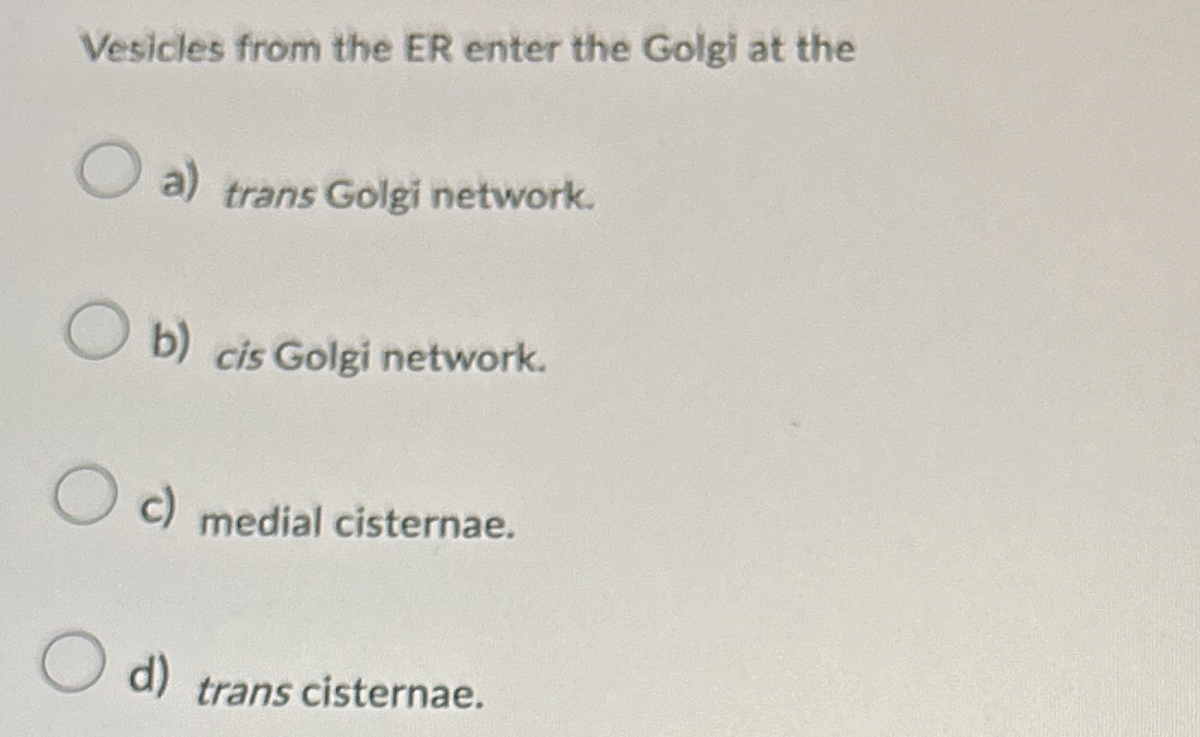 Solved Vesicles from the ER enter the Golgi at thea) ﻿trans | Chegg.com