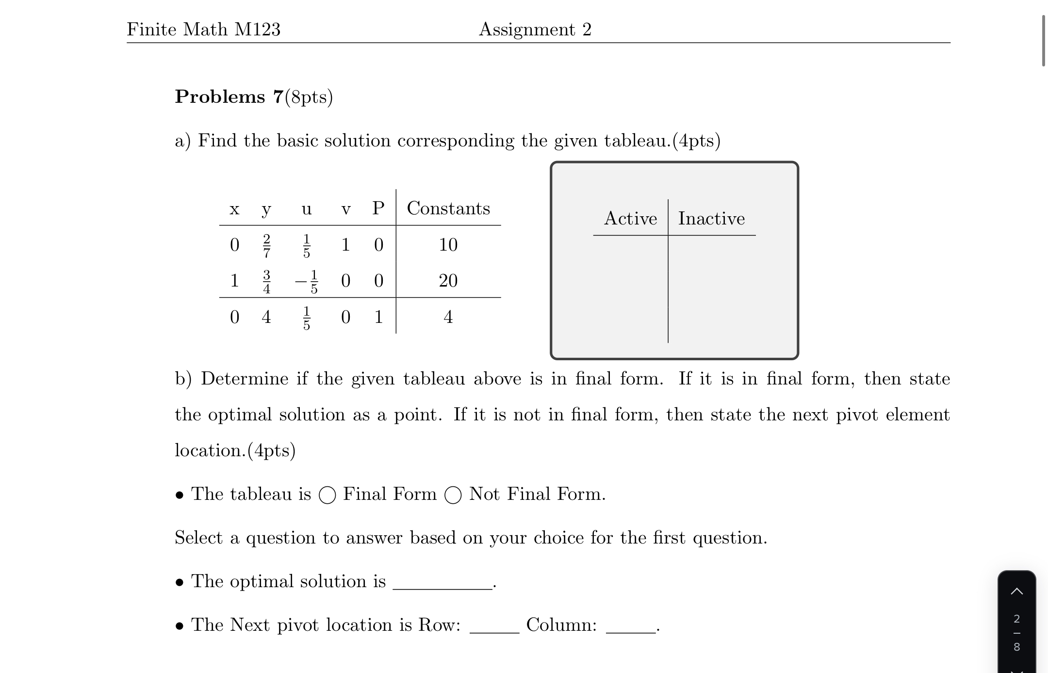 Solved Finite Math M123Assignment 2Problems 7 (8pts)a) ﻿Find | Chegg.com