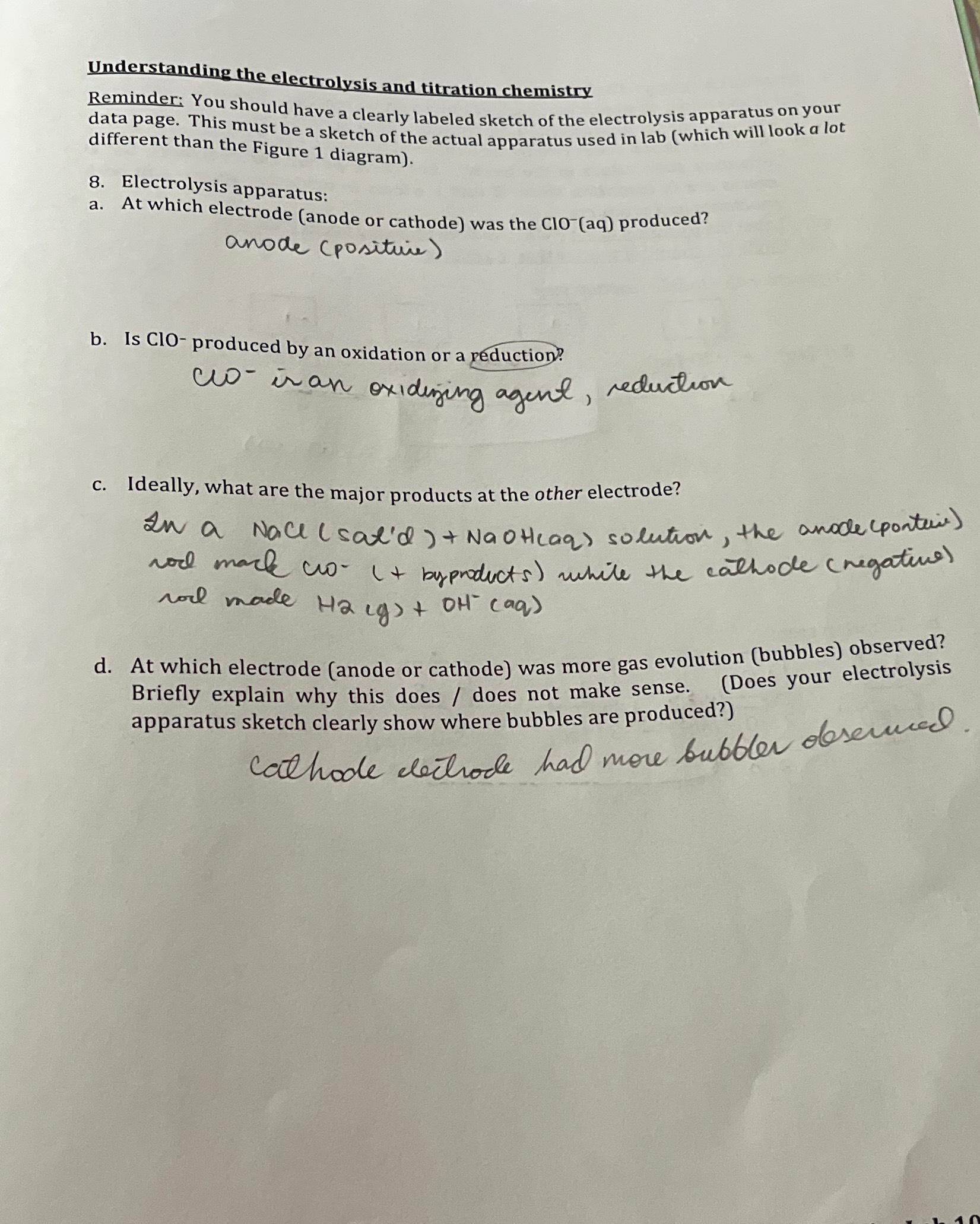 Solved Understanding the electrolysis and titration | Chegg.com
