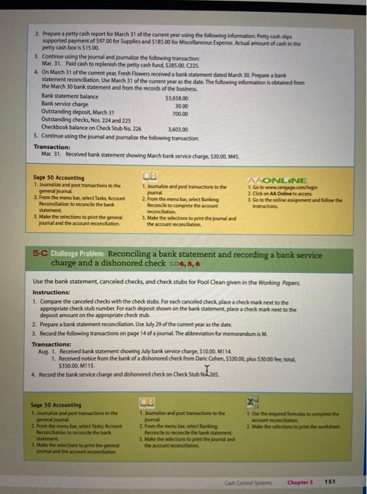 Work together 5-2 Reconciling a bank statement and | Chegg.com