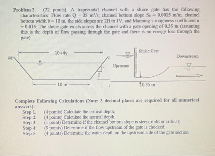 Solved Problem 2. (22 points). A trapezoidal channel with a | Chegg.com