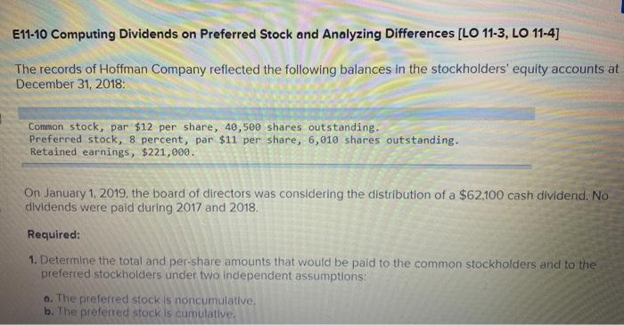 Solved E11-10 Computing Dividends on Preferred Stock and | Chegg.com
