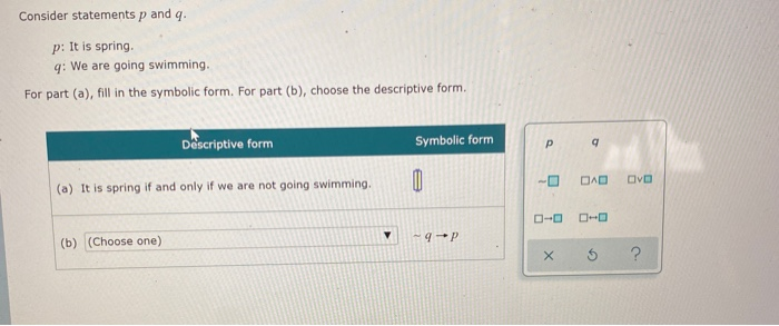 Solved Consider statements p and q. p: It is spring. q: We | Chegg.com