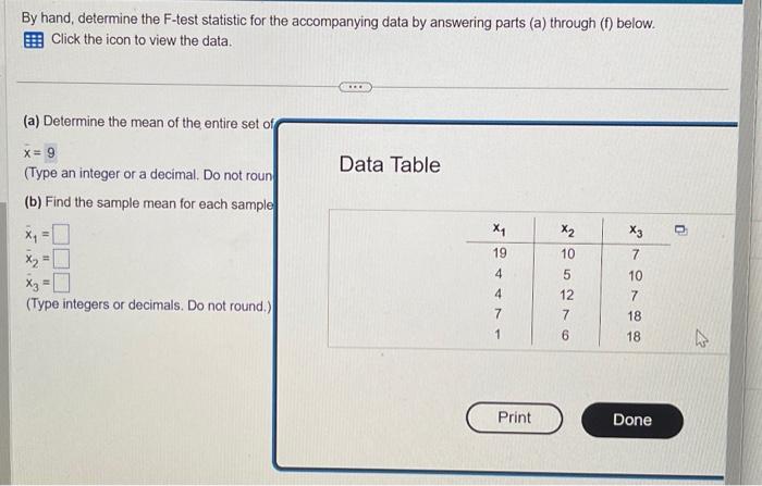 Solved By hand, determine the F-test statistic for the | Chegg.com