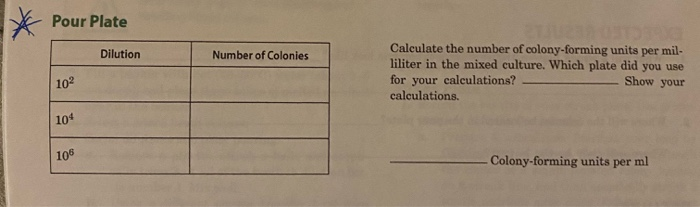 Solved * Pour Plate Dilution Number of Colonies Calculate | Chegg.com