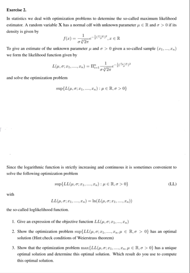 Solved Exercise 2.In statistics we deal with optimization | Chegg.com