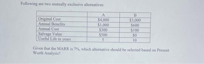 Solved Following are two mutually exclusive alternatives: | Chegg.com