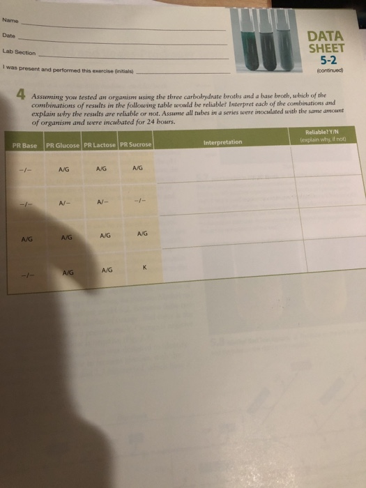 Name Date Lab Section DATA SHEET 5-2 I was present | Chegg.com