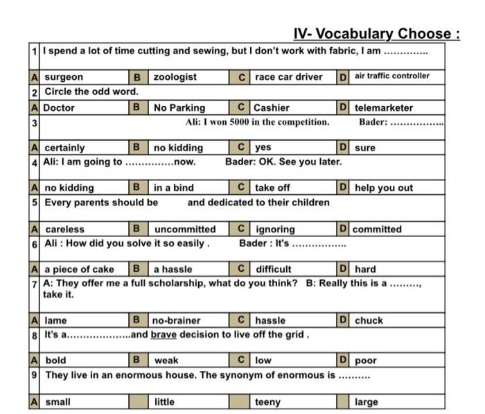 IV- Vocabulary Choose: | Chegg.com