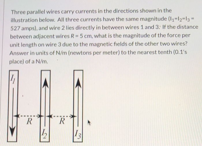 Solved Three parallel wires carry currents in the directions | Chegg.com