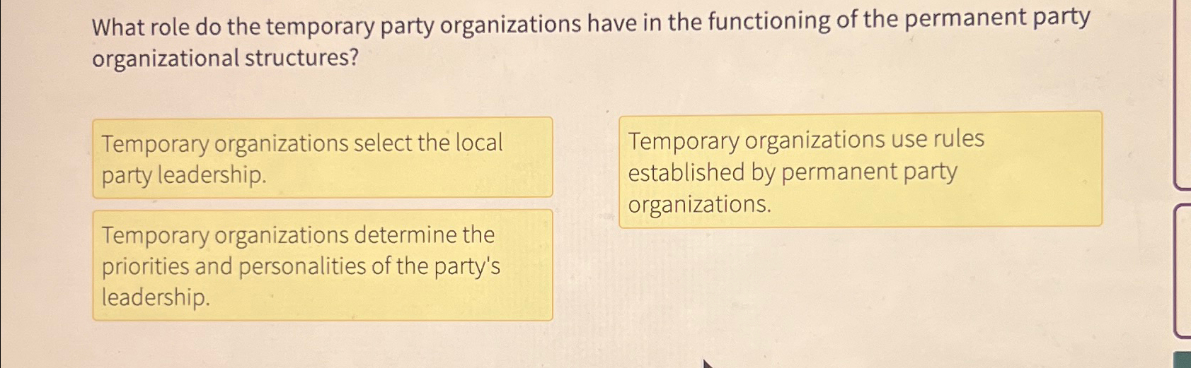 Solved What role do the temporary party organizations have | Chegg.com