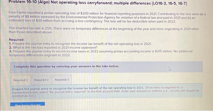 Solved Problem 16-10 (Algo) Net operating loss carryforward; | Chegg.com