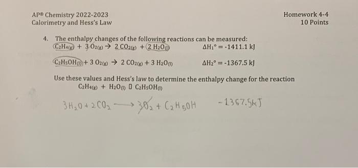 Solved AP® Chemistry 2022-2023 Calorimetry and Hess's Law 4. | Chegg.com