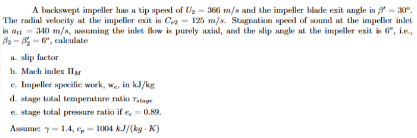 Solved A backswept impeller has a tip speed of U2=366ms ﻿and | Chegg.com