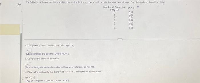 Solved a. Compute the mear number of acoidents per day. μ= | Chegg.com
