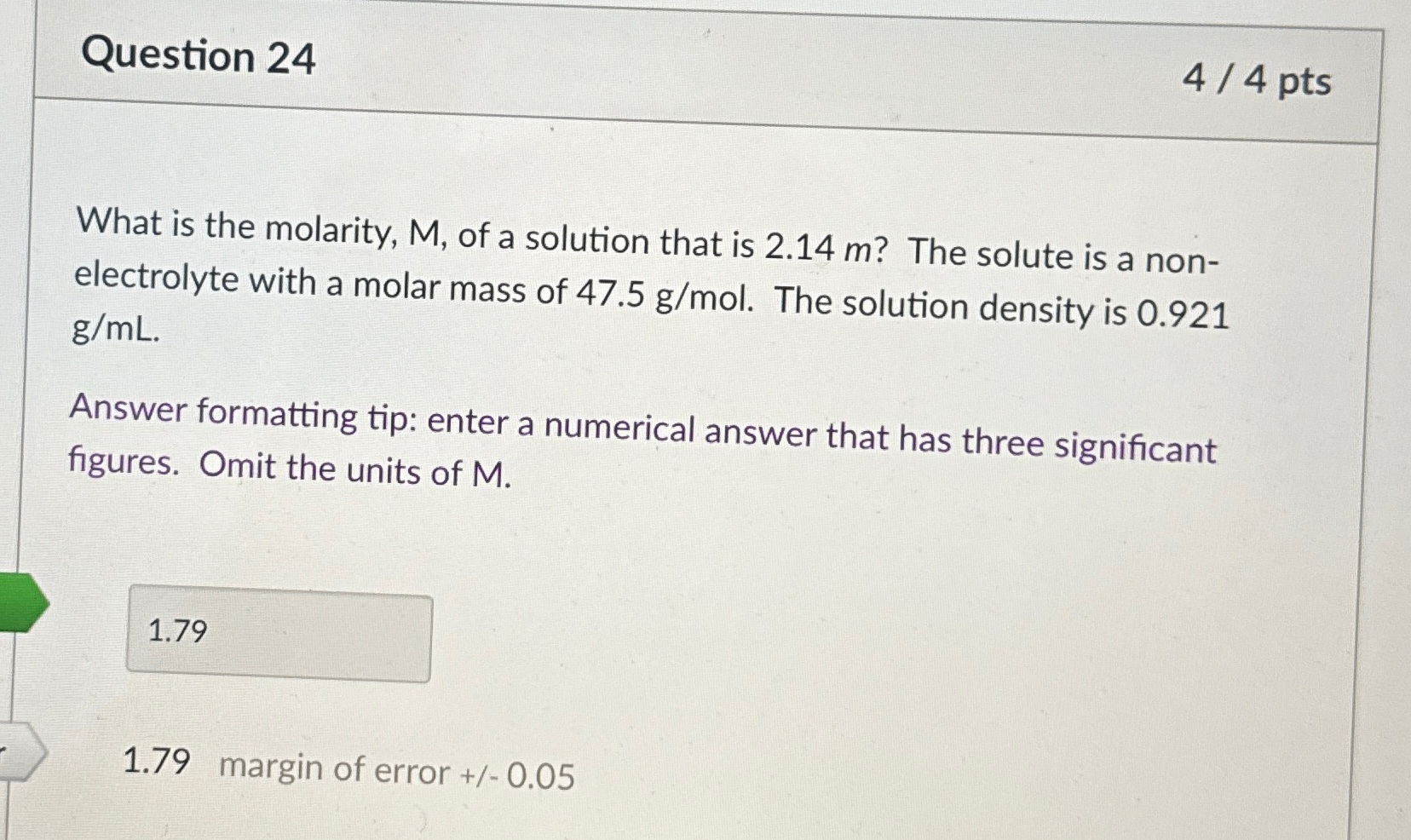 Solved Question 2444 ﻿ptsWhat is the molarity, M, ﻿of a | Chegg.com