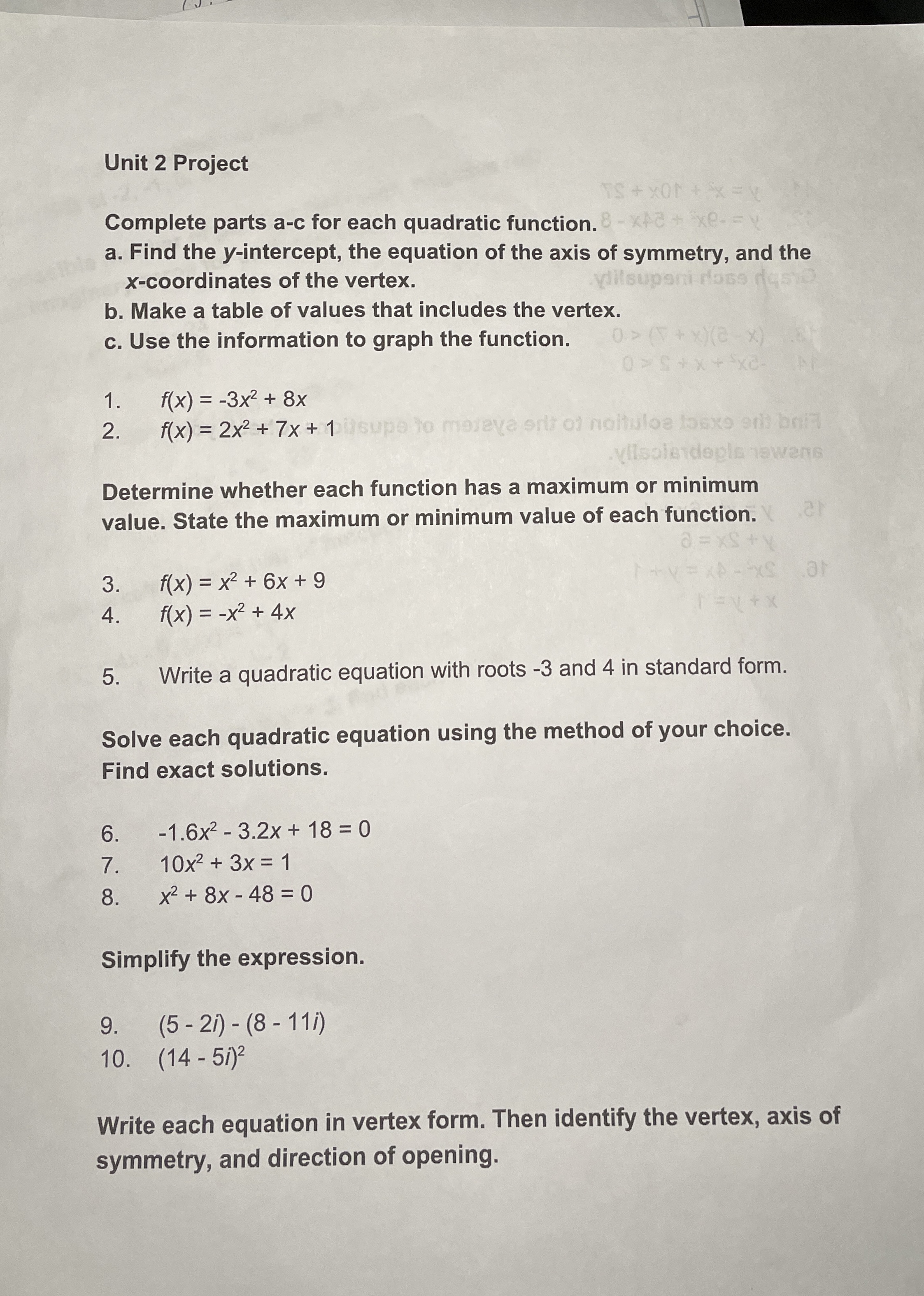 Solved Unit 2 ﻿ProjectComplete parts a-c for each quadratic | Chegg.com