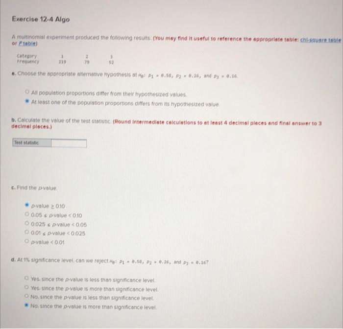 Solved Exercise 12-4 Algo A multinomial experiment produced | Chegg.com