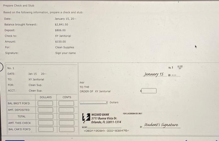 Prepare Check and Stub Based on the following | Chegg.com