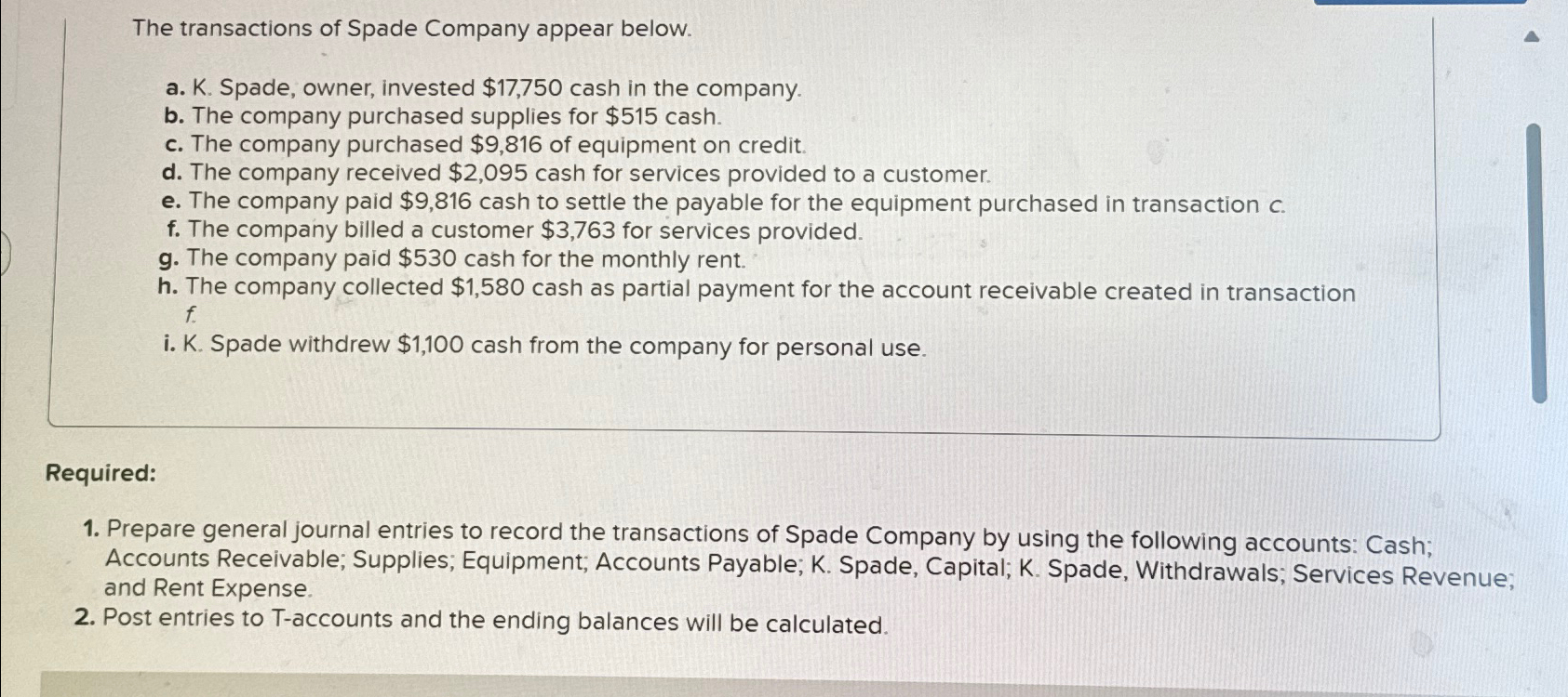 Solved The transactions of Spade Company appear below.a. ﻿K. | Chegg.com