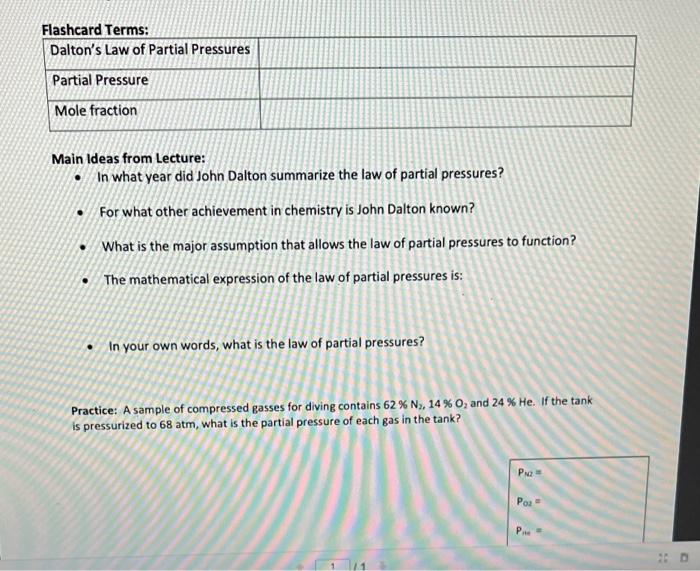 Solved Flashcard Terms: Dalton's Law of Partial Pressures | Chegg.com